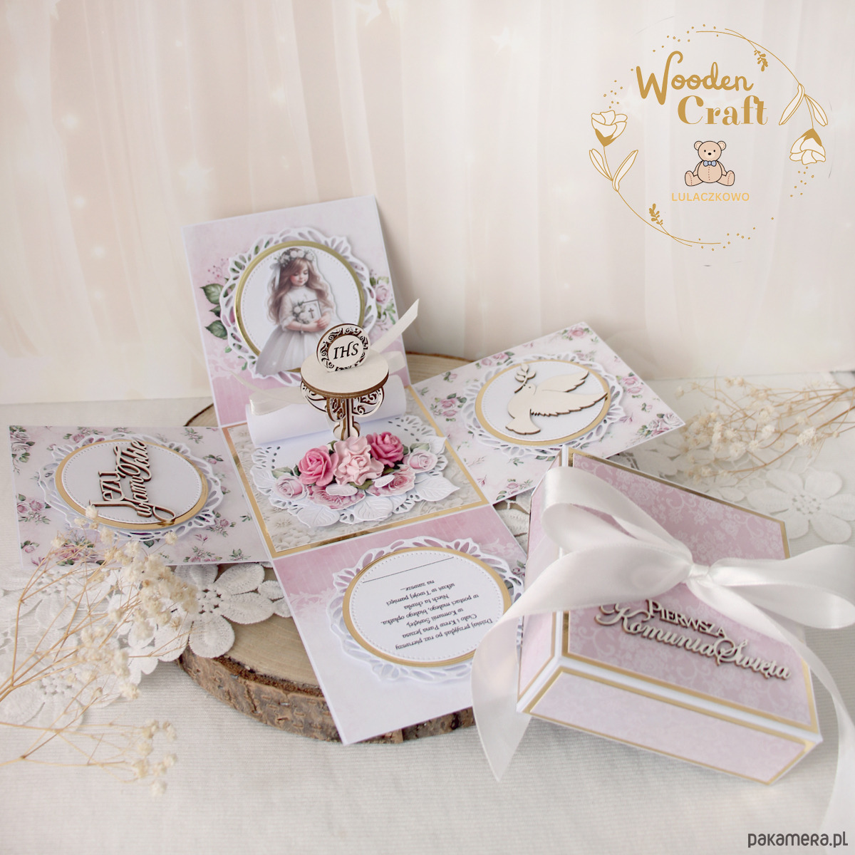 Exploding box komunijny, kartka na komunię "Pink Roses 2" GOTOWY - Pakamera.pl
