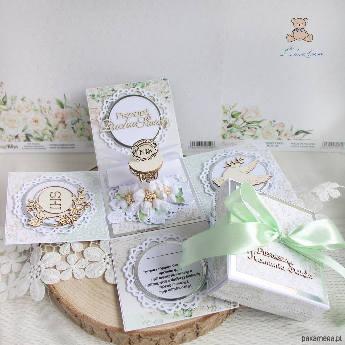 Exploding box komunijny, pamiątka, kartka "Greenery" GOTOWY - Pakamera.pl