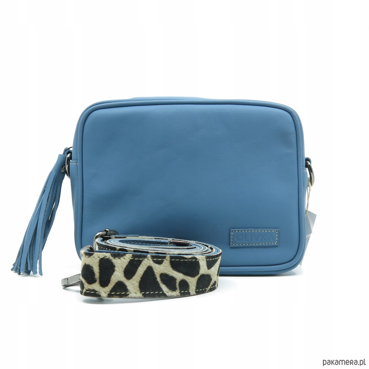 Torebka z brelokiem damska skórzana niebieska regulowany pasek Olivka - Pakamera.pl