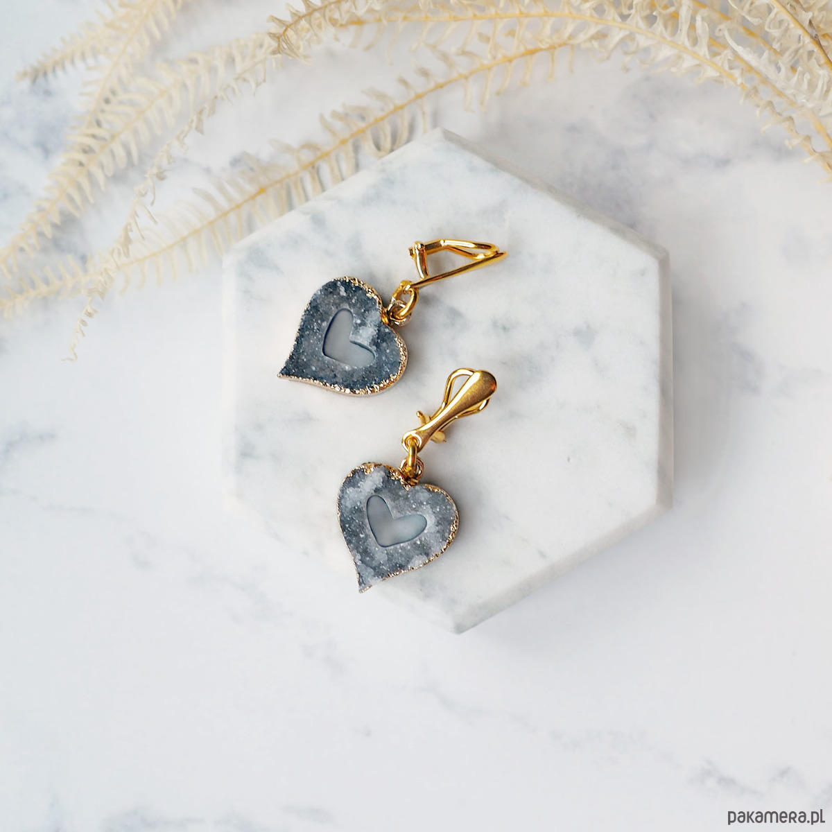 ŚLICZNE KLIPSY WISZĄCE srebro pozłacane i serca druzy 3382718 - Pakamera.pl