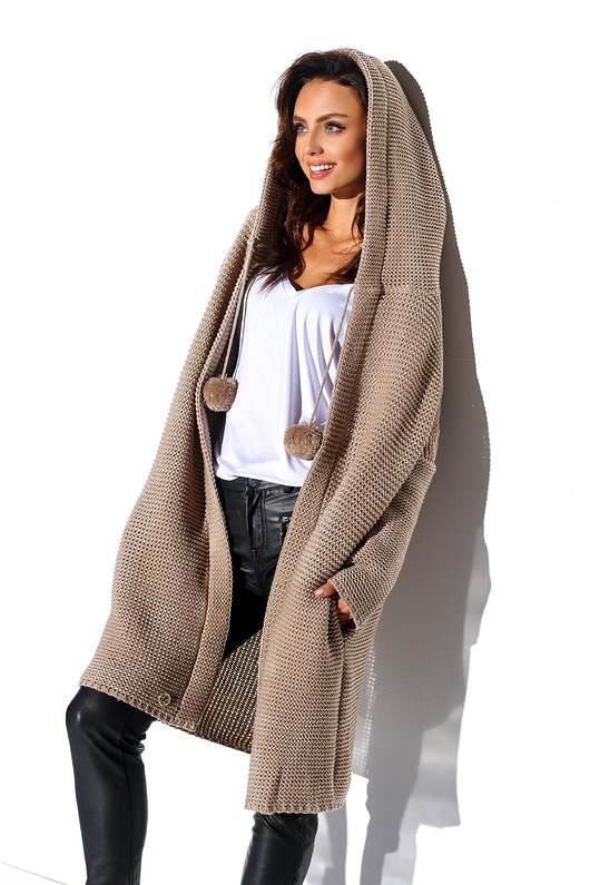 Kardigan z pomponami i kapturem LS269 -kamel - Pakamera.pl