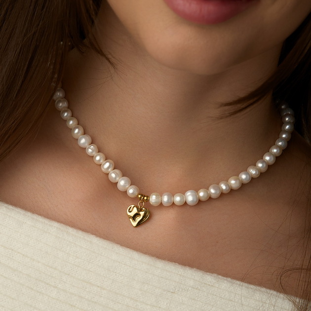 Naszyjnik perły naturalne serduszko- stal szlachetna pozłacana ...